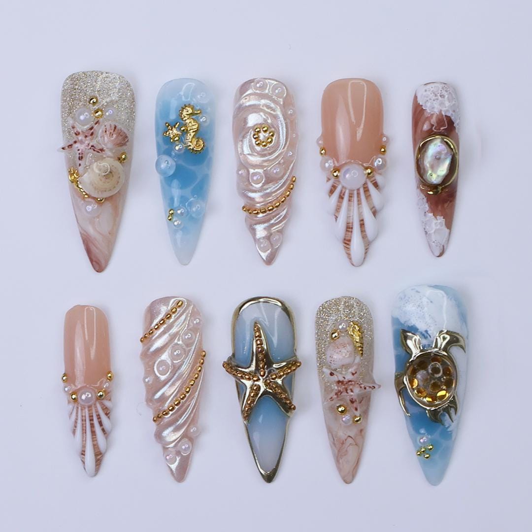 Summer Press on Nail With 3D Turtle & Starfish | Ocean Inspired Fake ...