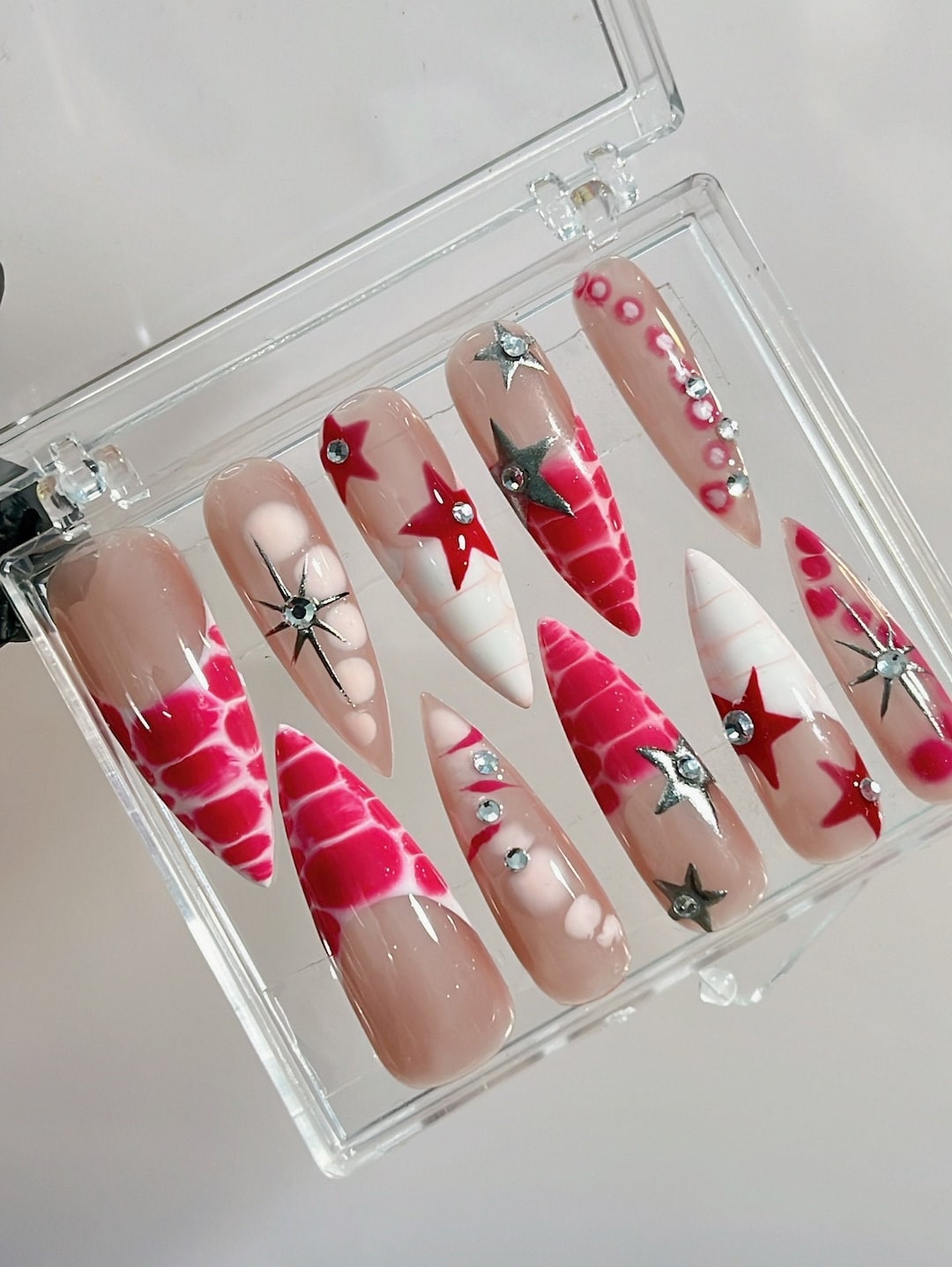White and Red French Tip With Stars Long Stiletto Press on Nails Goth ...