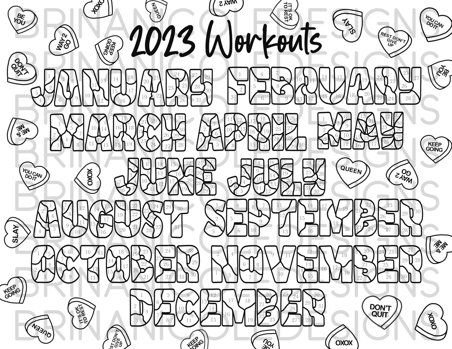 2023 Coloring Workout Calendar Candy Hearts - Etsy