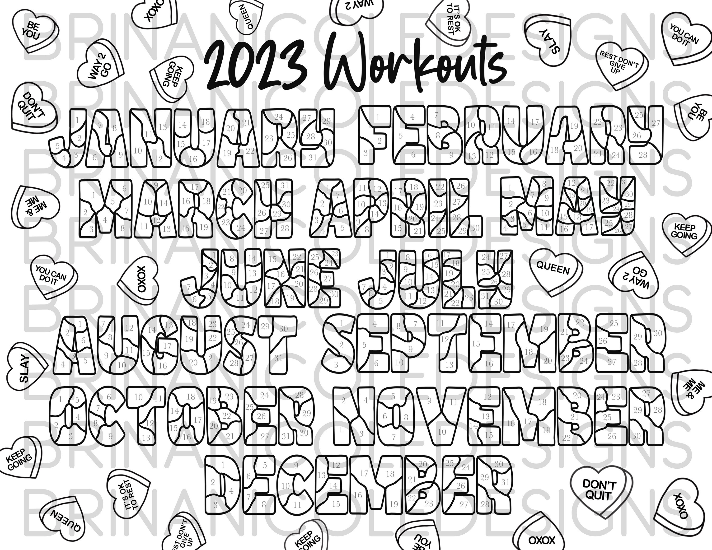 2023 Coloring Workout Calendar - Candy Hearts - Etsy