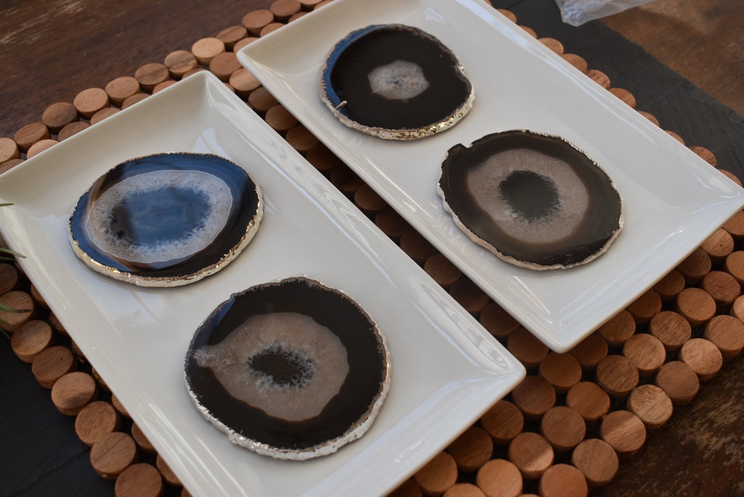 Black Agate Slice Coasters, Set of 4 Stone Coasters, Drinkware Coaster ...