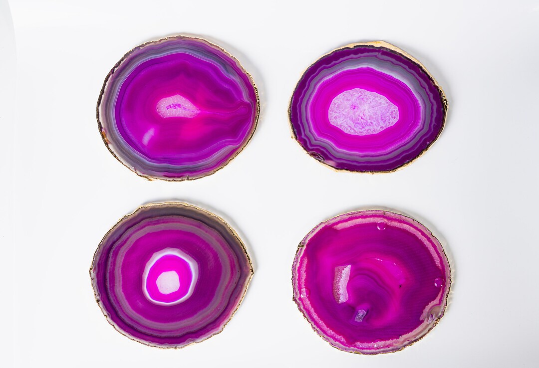 Cute Pink Agate Coaster Set of 4 W/ Gold Trim, Crystal Drinkware ...
