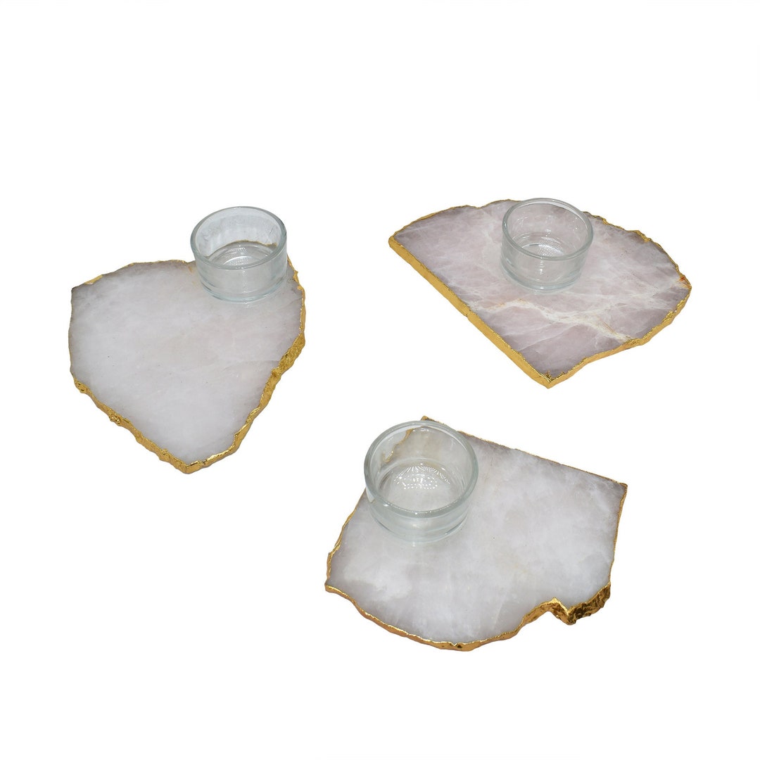 Natural Rose Quartz Slice Candle Holder With Gold Edges, Tealight ...