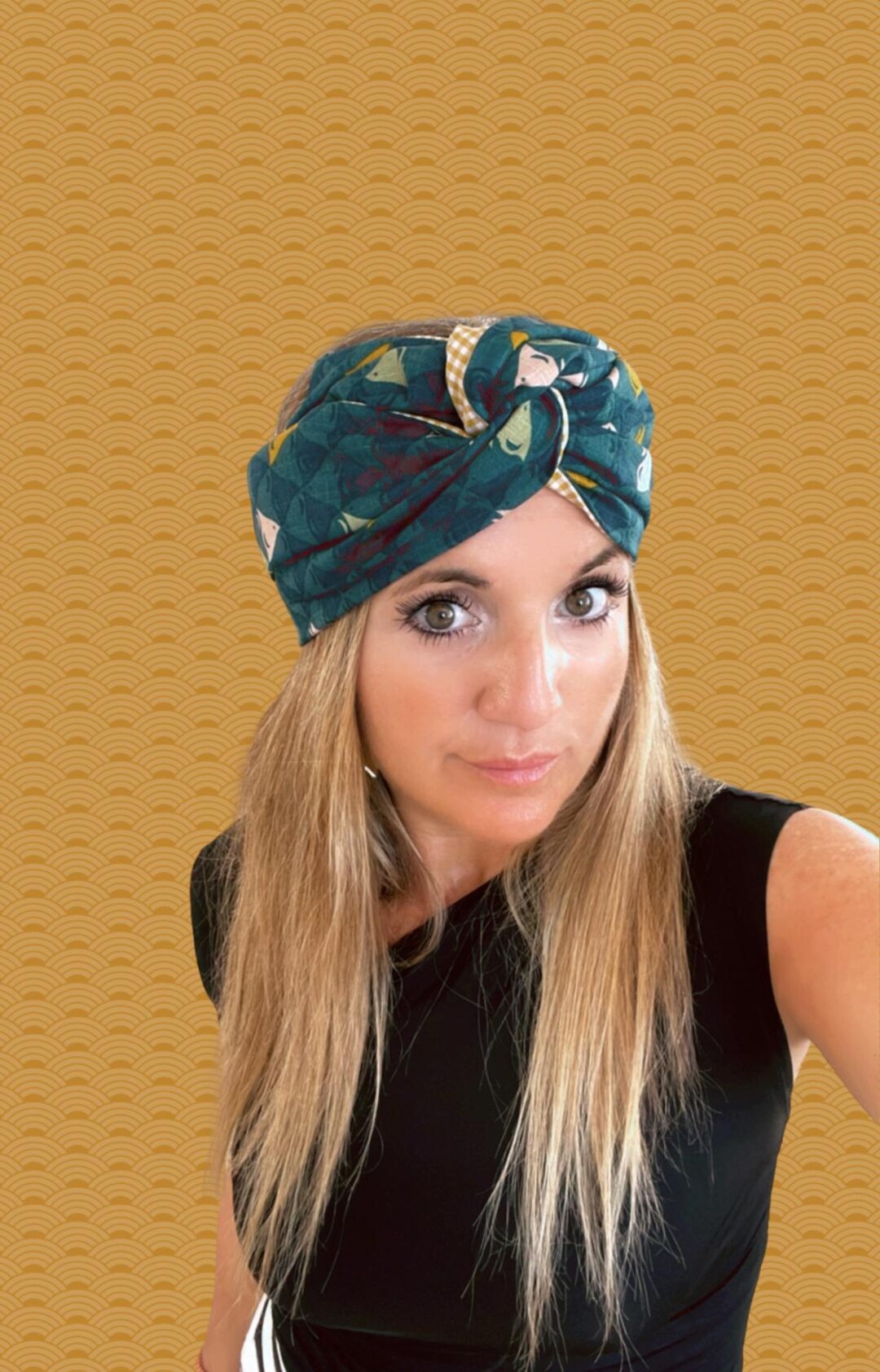Headscarf Turban With Japanese Fabric Featuring Mustard, Blue, and ...