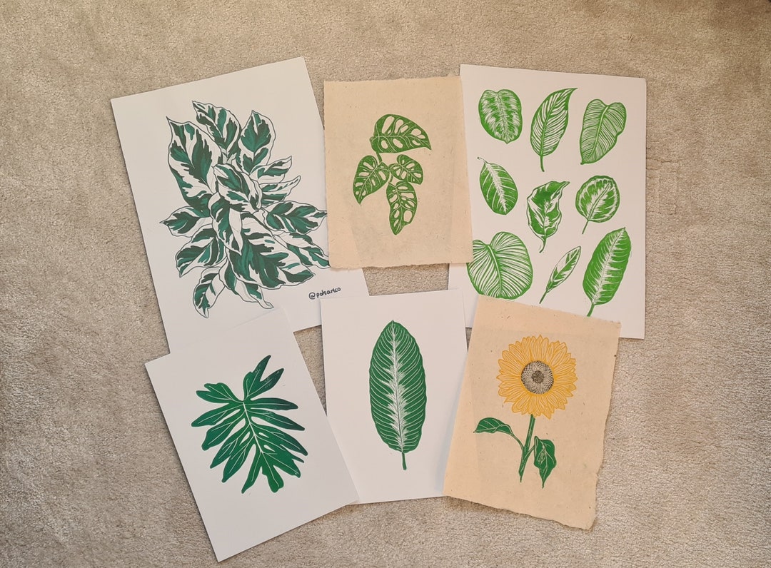 Various Houseplant/flower Linoprints - Sunflower, Philo Mayoi, Monstera ...