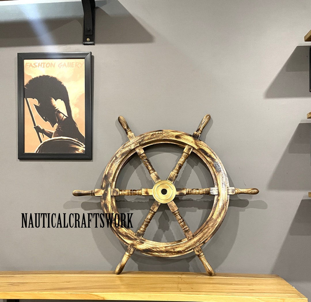 30'' Rustic Wooden Wheel, Burn Wood Wheel, Nautical Wheel, Ship ...