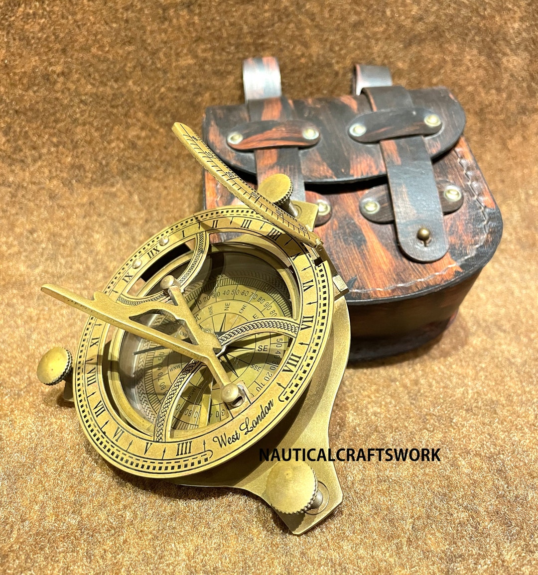 4.5'' Antique Brass Sundial Compass With Leather Box , Ship Compass ...