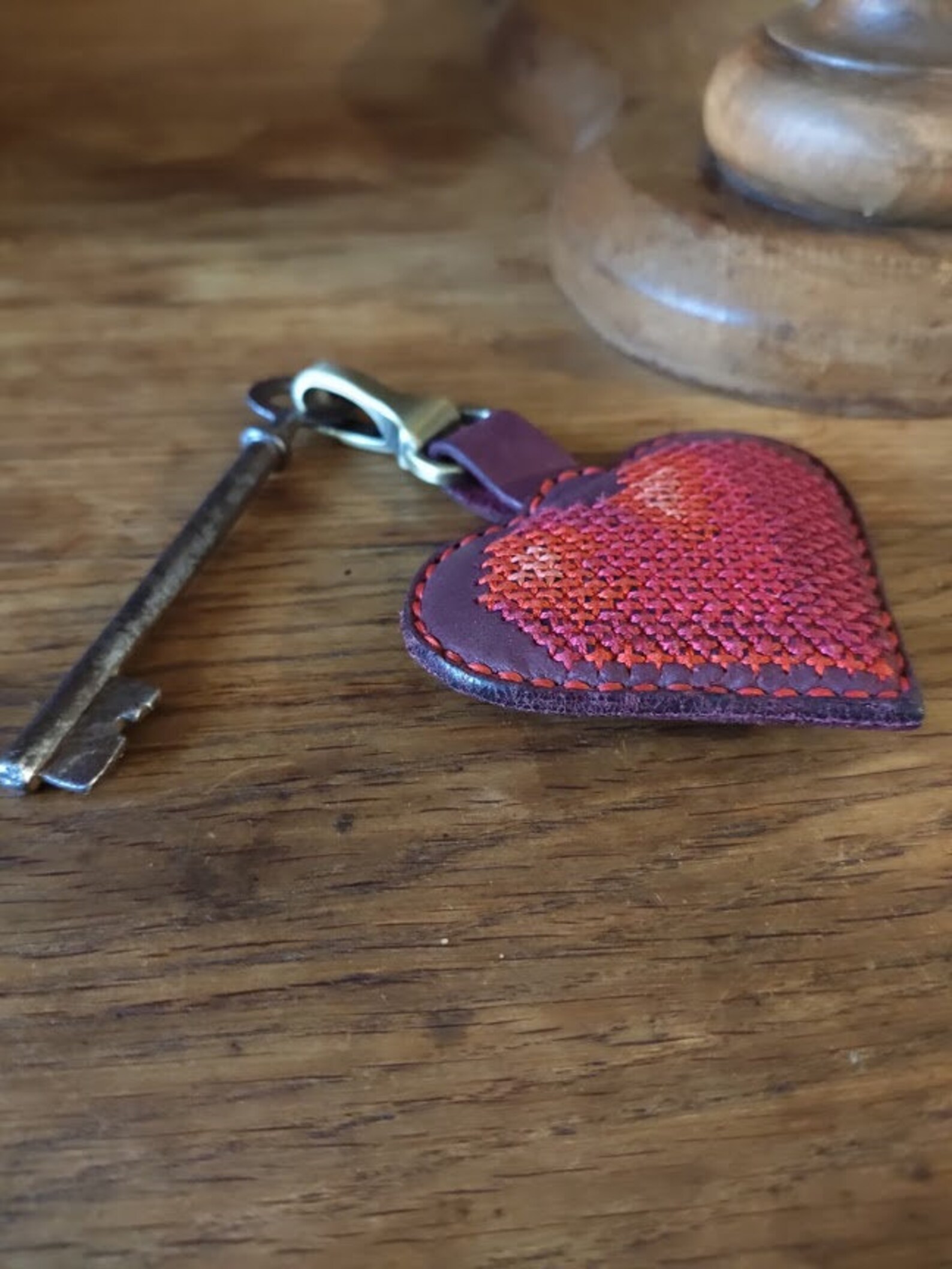 Leather Keychain Handmade With Cross-stitch With Natural Silk | Etsy