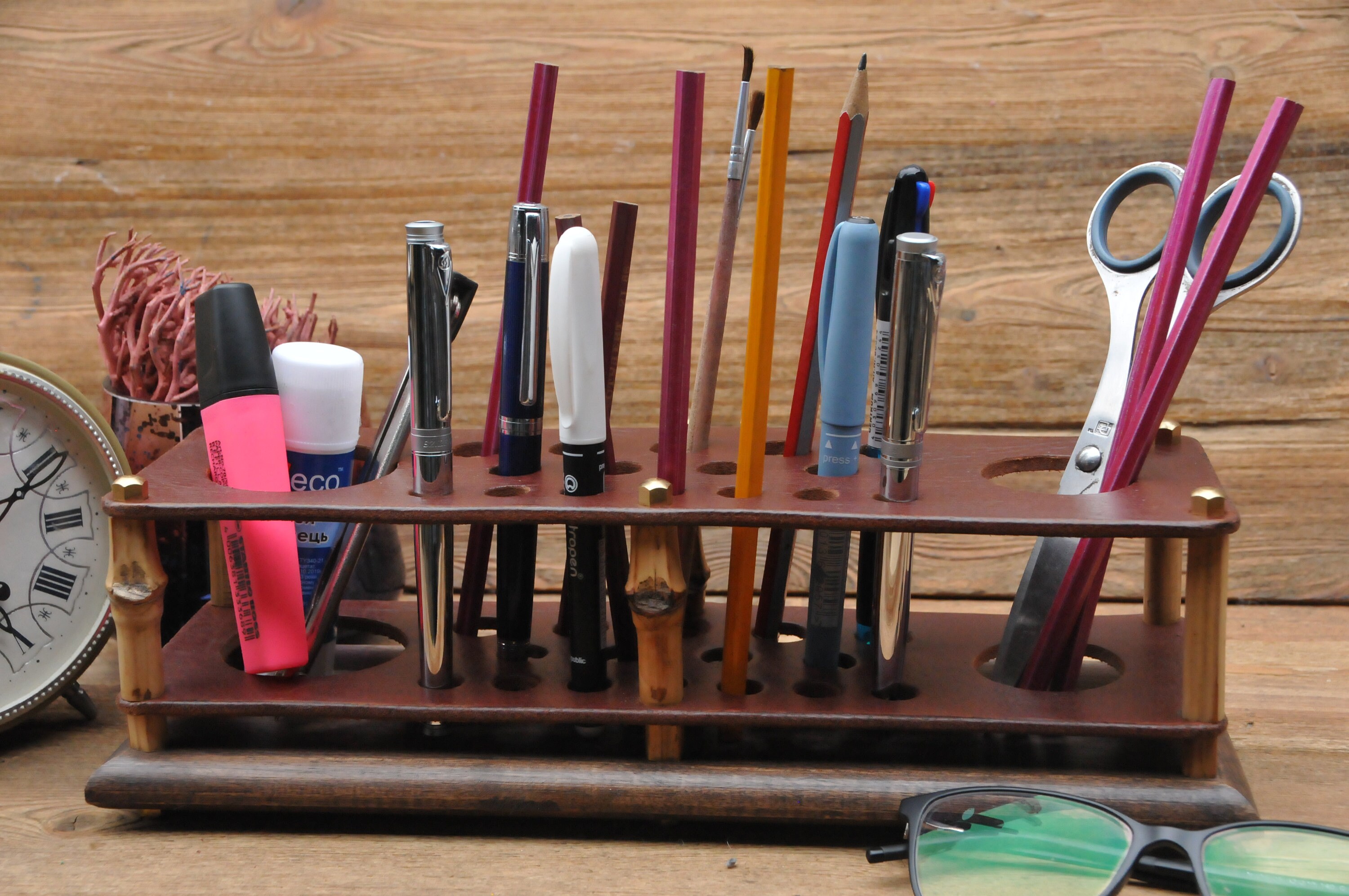 Leather Pen Holder, Pencil Stand, Wood Desk Organizer - Etsy