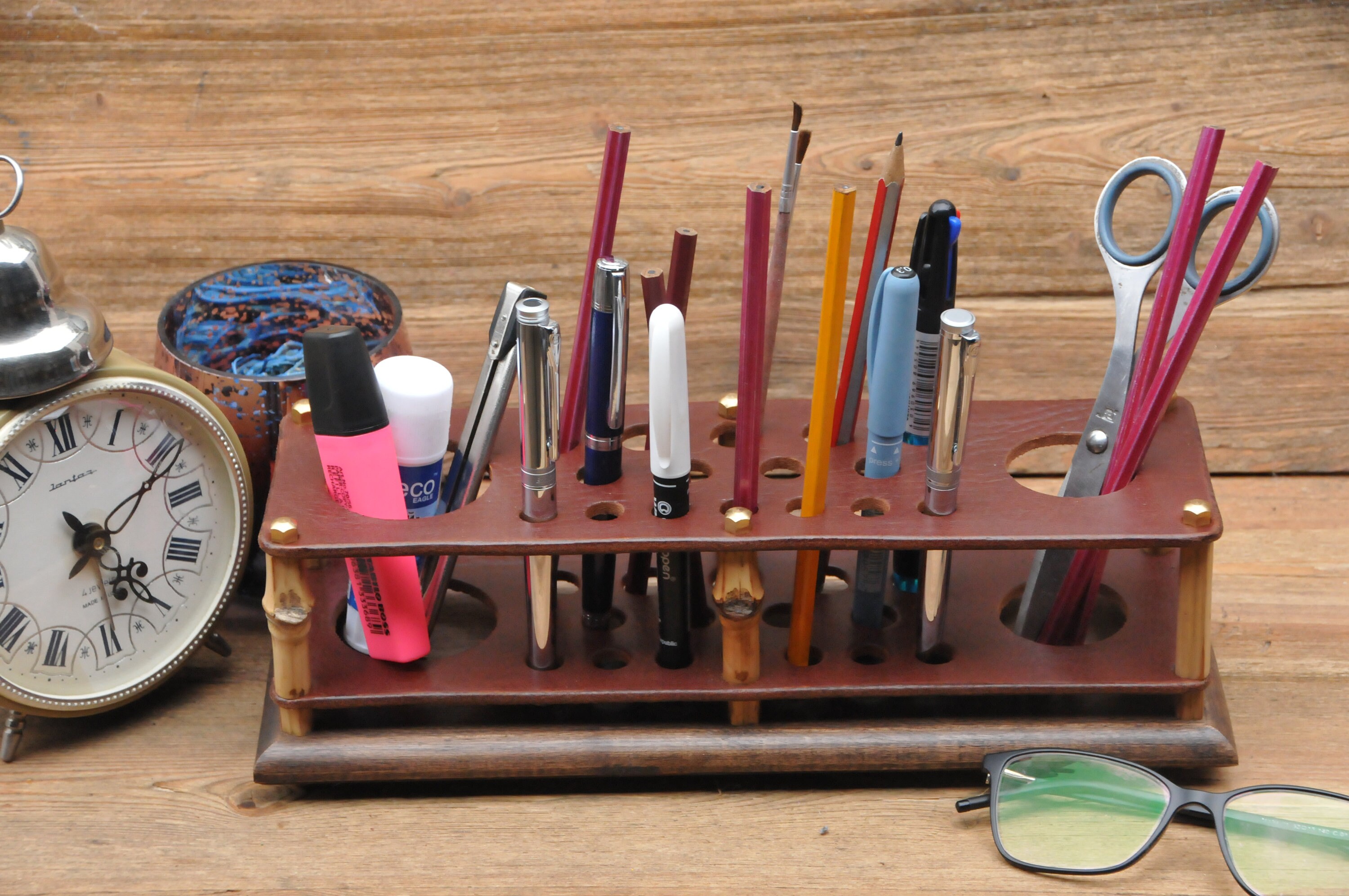 Leather Pen Holder, Pencil Stand, Wood Desk Organizer - Etsy