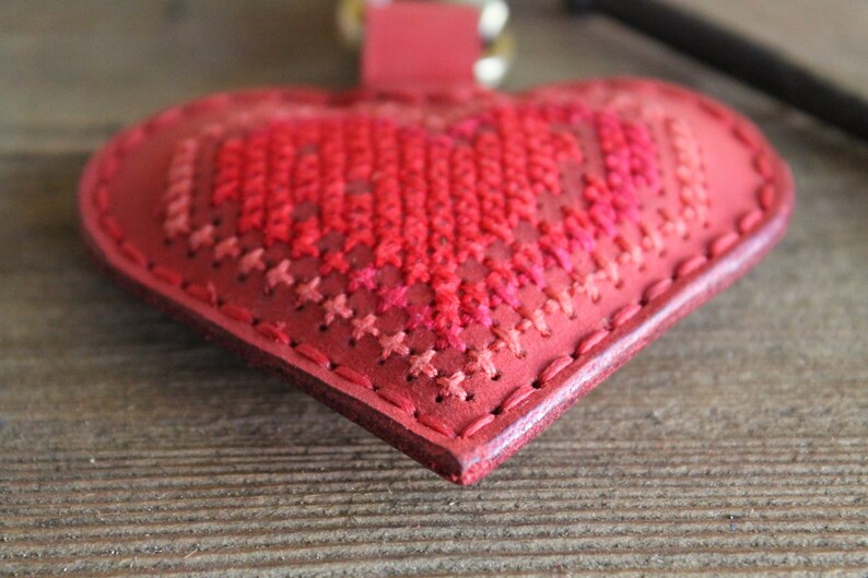 Leather Keychain Handmade With Cross-stitch With Natural Silk - Etsy
