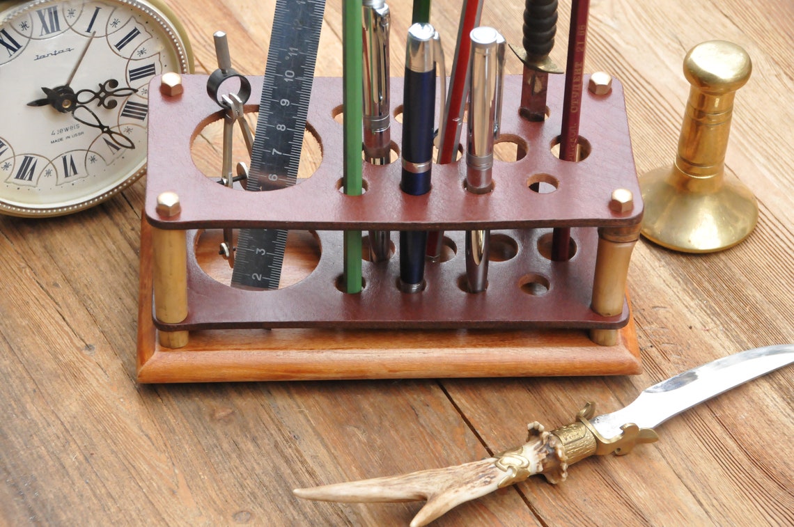 Leather Pen Holder Pencil Stand Wood Desk Organizer | Etsy