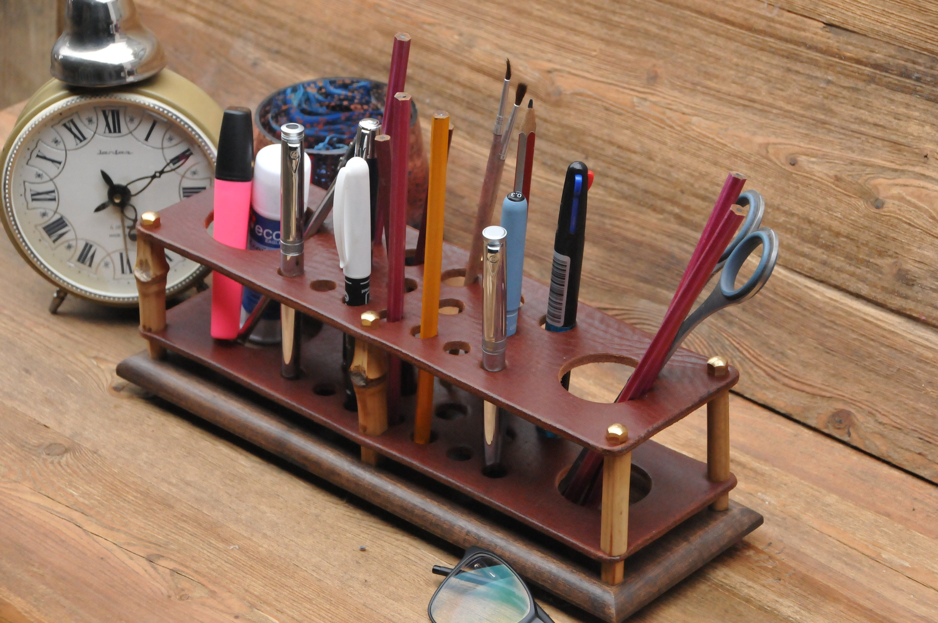 Leather Pen Holder, Pencil Stand, Wood Desk Organizer - Etsy