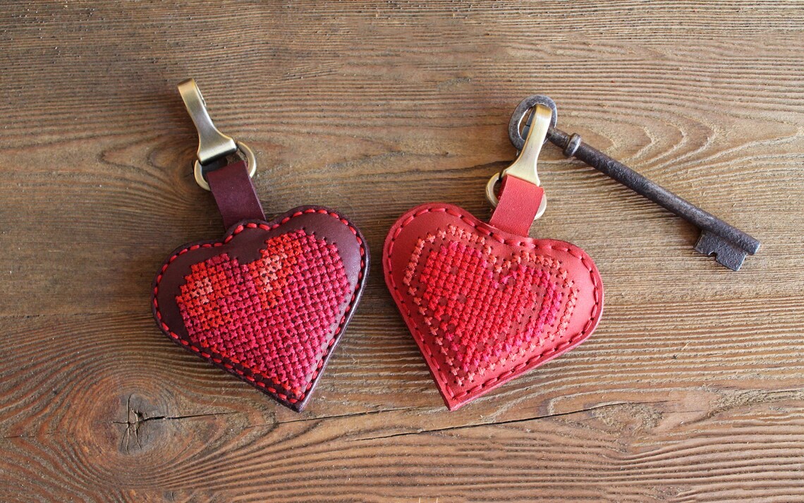 Leather Keychain Handmade With Cross-stitch With Natural Silk | Etsy