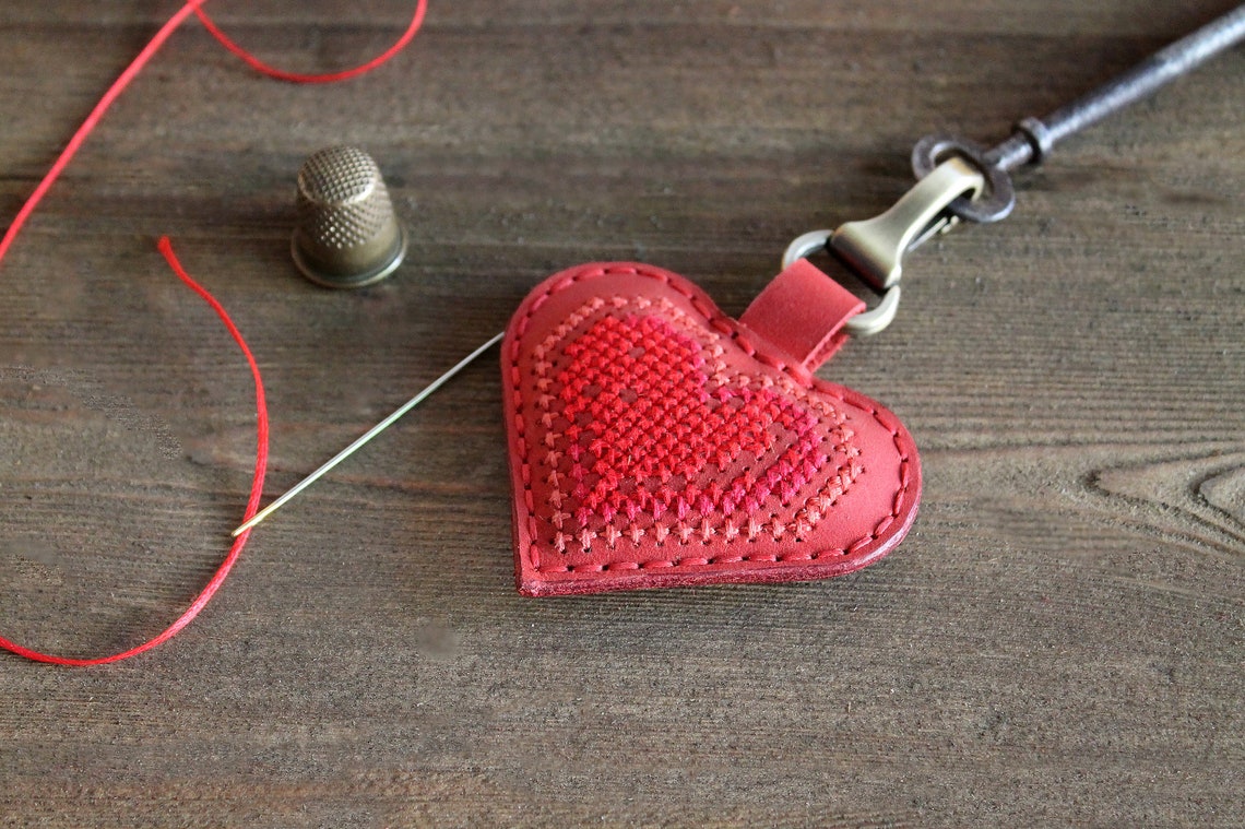 Leather Keychain Handmade With Cross-stitch With Natural Silk | Etsy