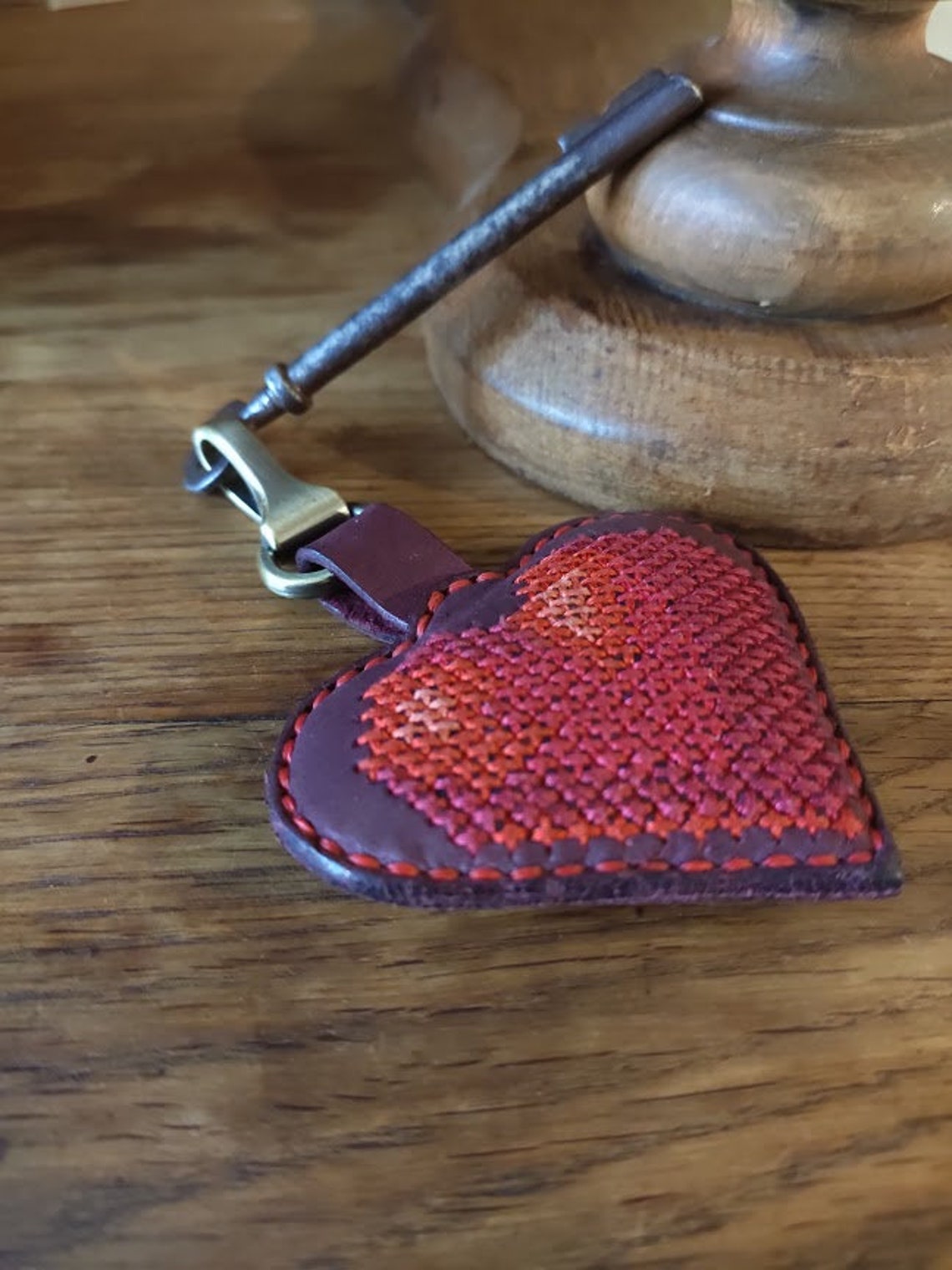 Leather Keychain Handmade With Cross-stitch With Natural Silk | Etsy