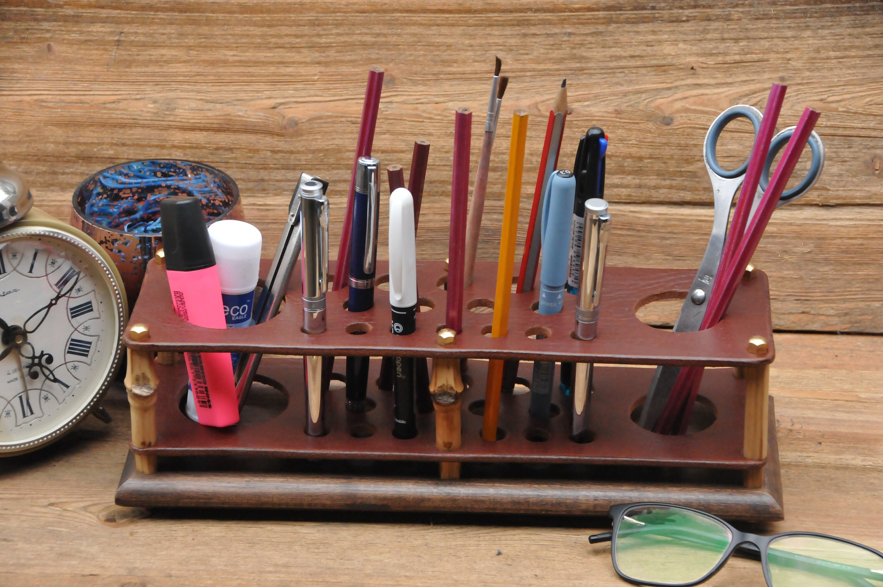 Leather Pen Holder, Pencil Stand, Wood Desk Organizer - Etsy