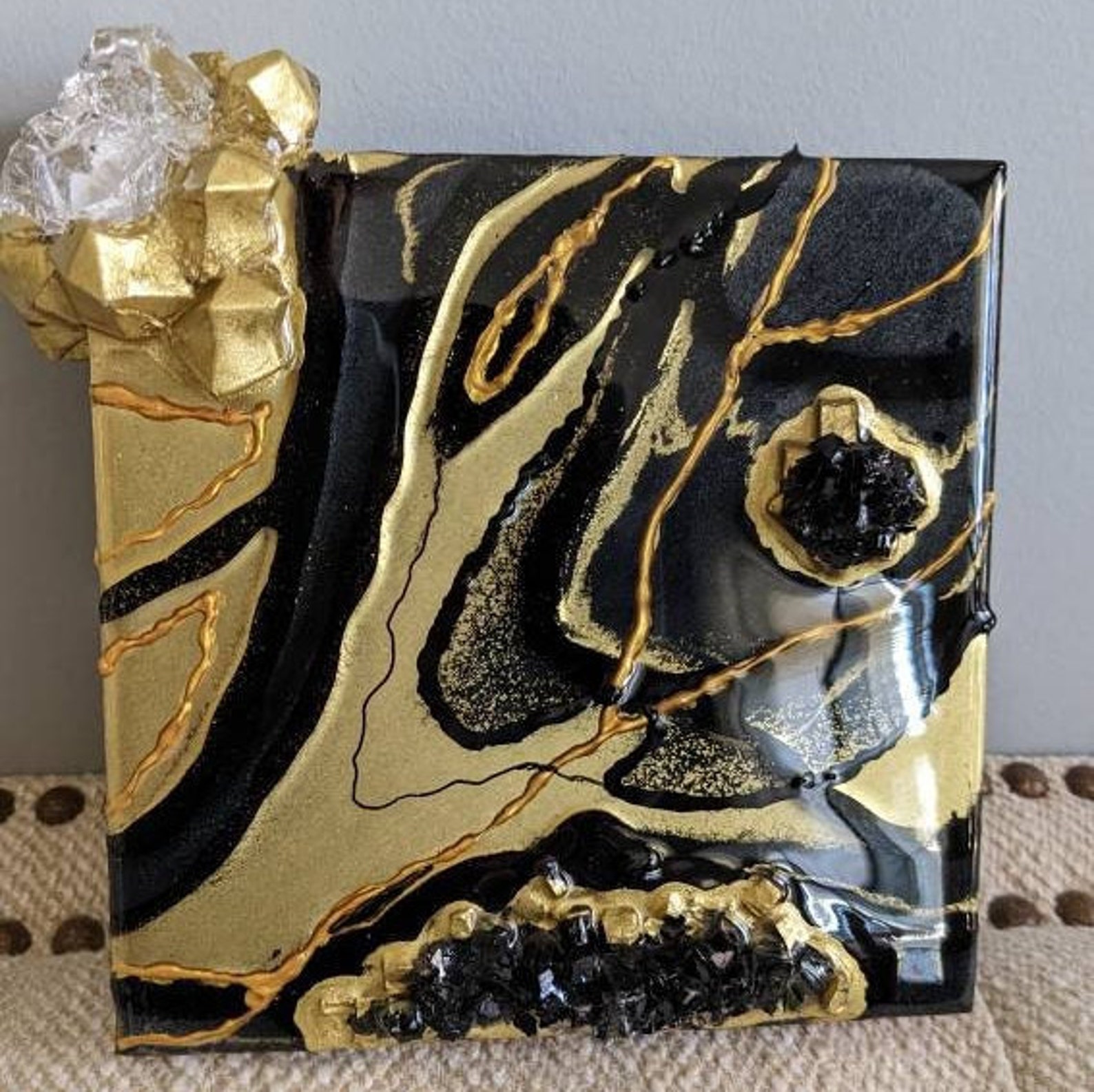 Beautiful Black and Gold Geode on a 6 X 6 Wood Cradled Board - Etsy