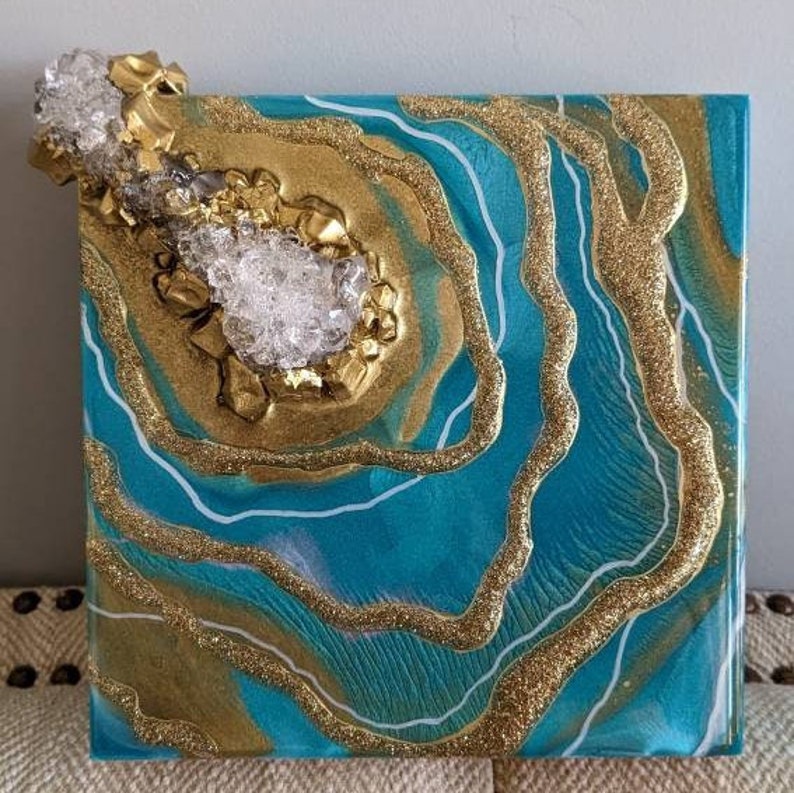 Turquoise Blue White and Gold Geode Art. - Etsy