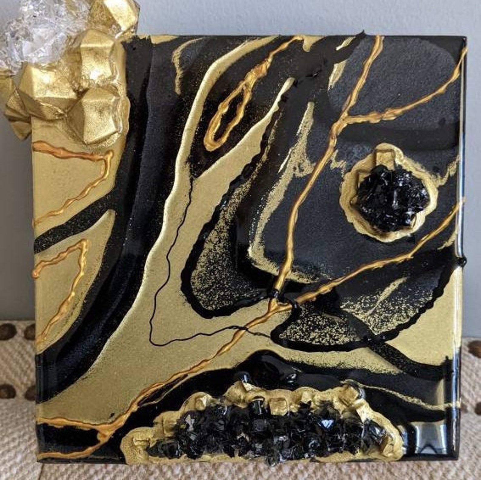 Beautiful Black and Gold Geode on a 6 X 6 Wood Cradled Board - Etsy