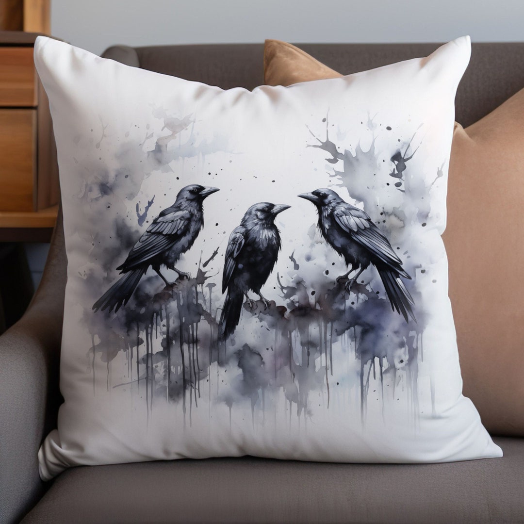 Crow Pillow Case, Murder of Crows Pillow Cover, Watercolor Crow Throw ...