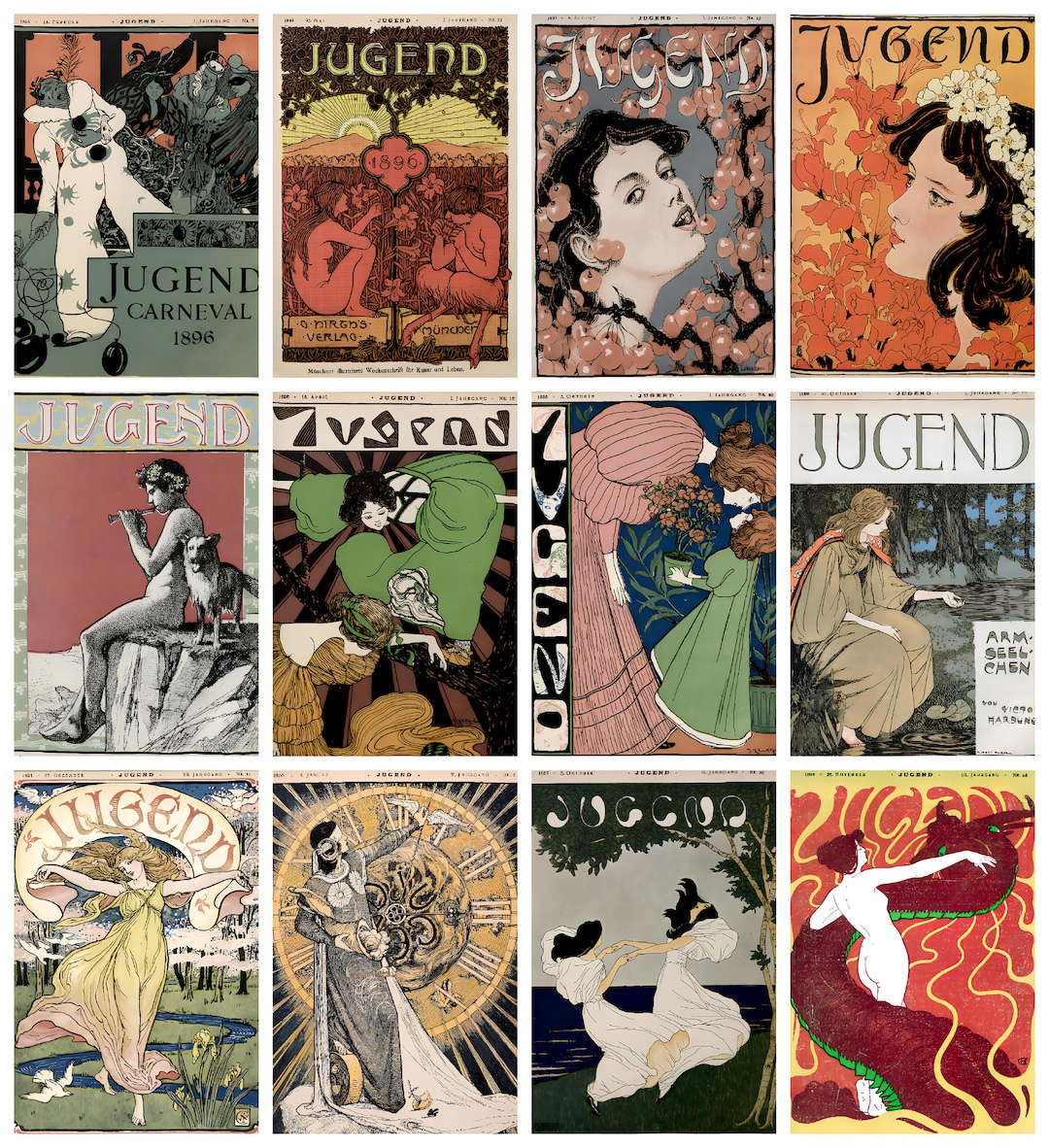 12 X Vintage Art Nouveau Postcards a Set of 12 1890s German Art Nouveau ...