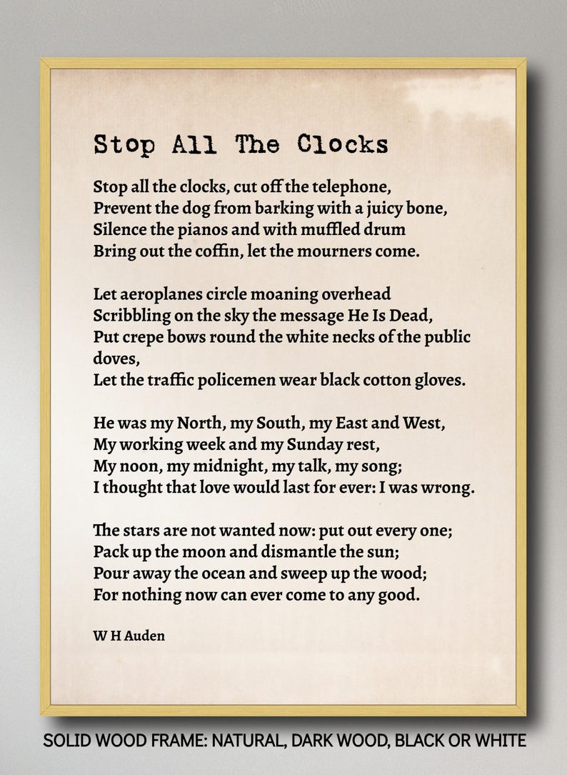 Stop All the Clocks by W. H. Auden, Print Poem Stop All the Clocks Art ...