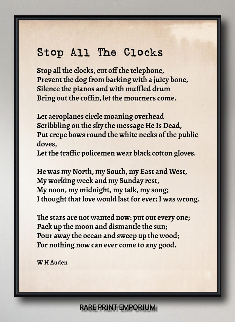 Stop All the Clocks by W. H. Auden, Print Poem Stop All the Clocks Art ...