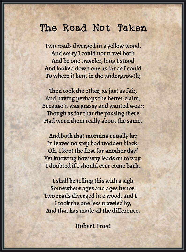 The Road Not Taken by Robert Frost, Poem, Inspirational Art Print ...