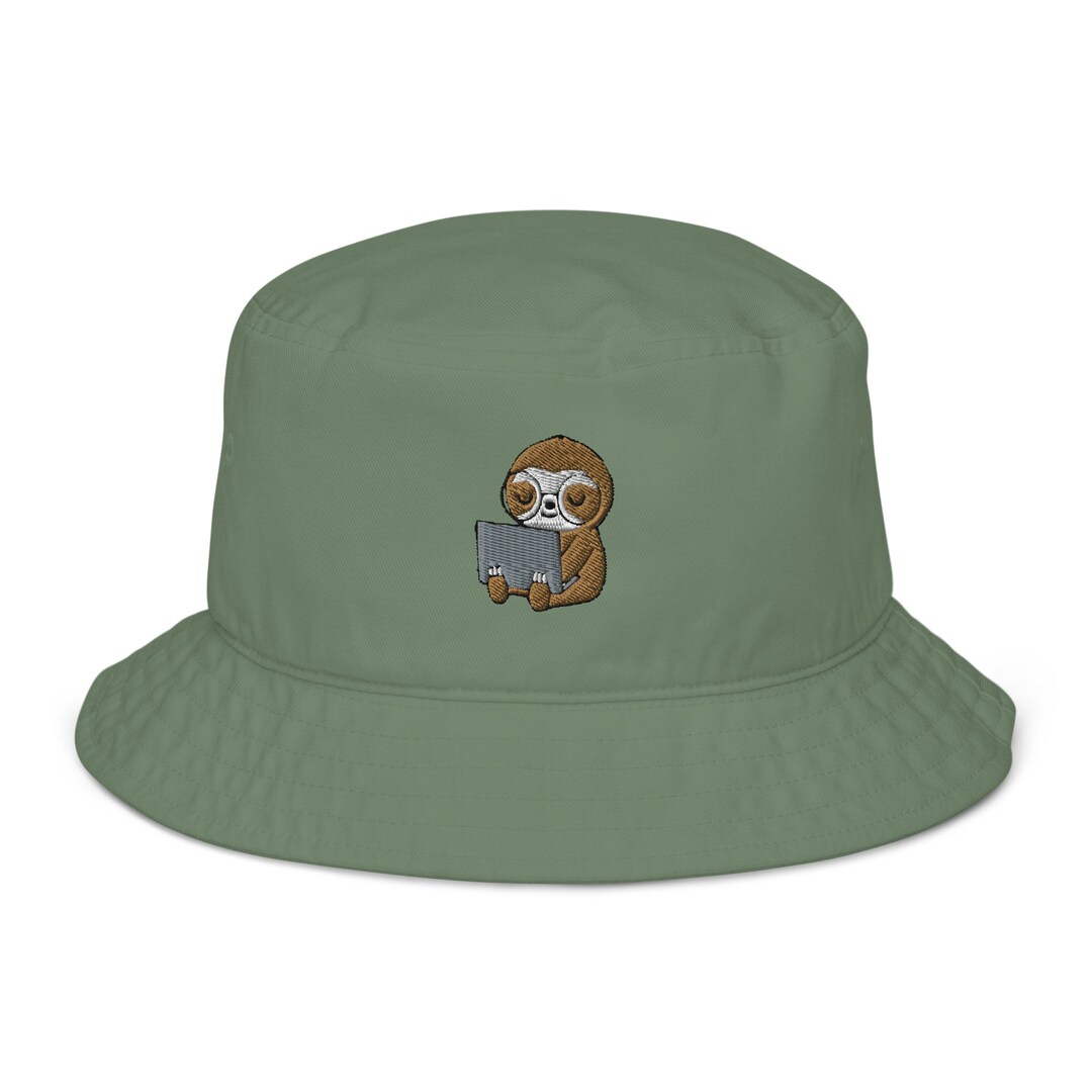 Sloth Working, Sloth Studying Hat, Embroidered Unisex Organic Bucket ...