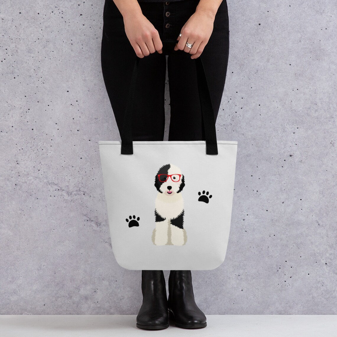 Sheepadoodle Tote Bag, Glasses Nerdy Sheepadoodle Tote Bag ...