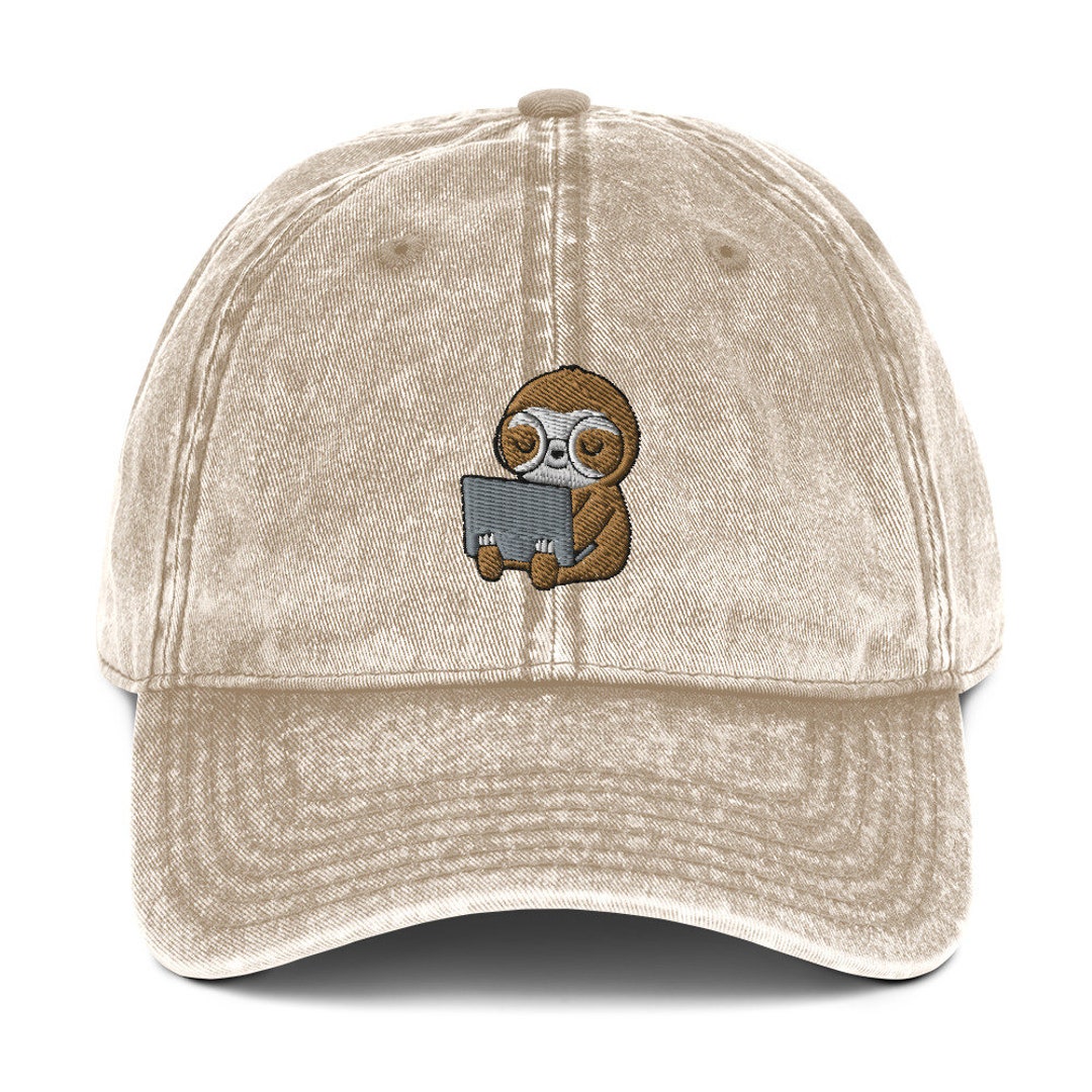 Sloth Working, Sloth Studying Hat, Embroidered Unisex Vintage Hat ...
