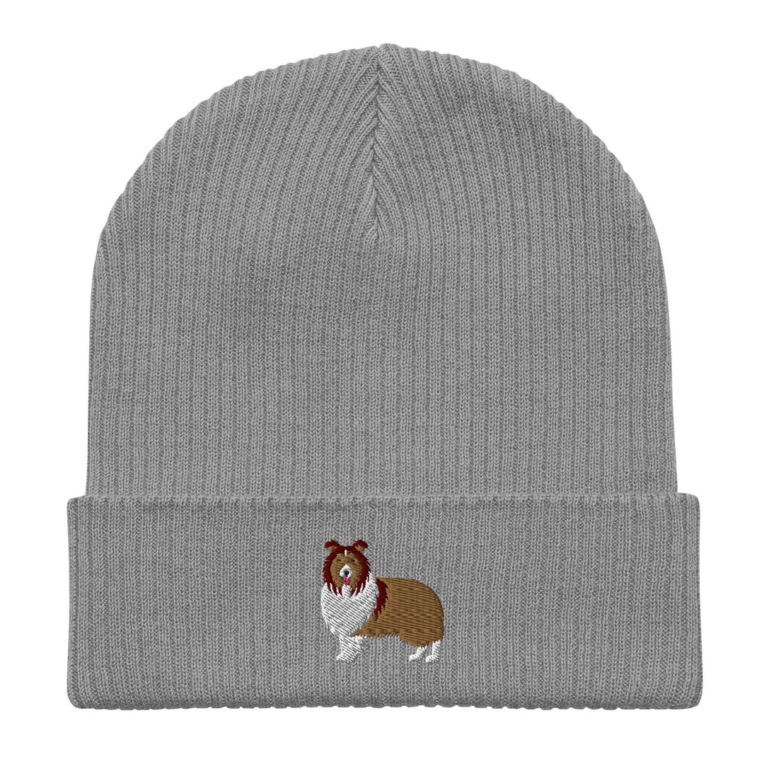 Sheltie Beanie, Shetland, Embroidered Unisex 100% Organic Cotton Ribbed ...
