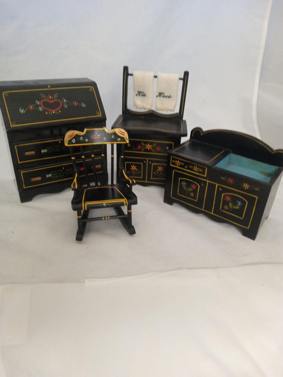 Pennsylvania Dutch Doll House Furniture Black Wooden Hand Painted Set ...