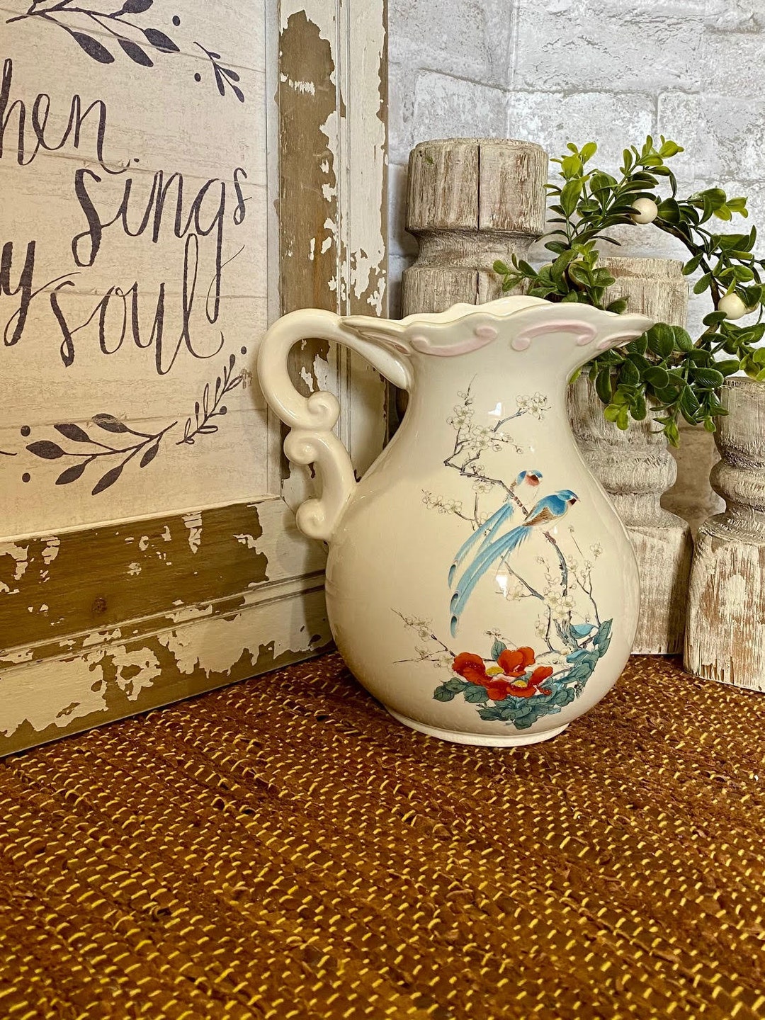 White Pitcher With Two Peacock Birds and A Cherry Blossom Branch ...