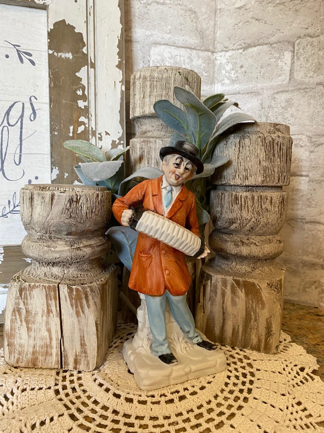 Bisque Man Playing Accordion Figurine With Black Hat Orange Coat and ...