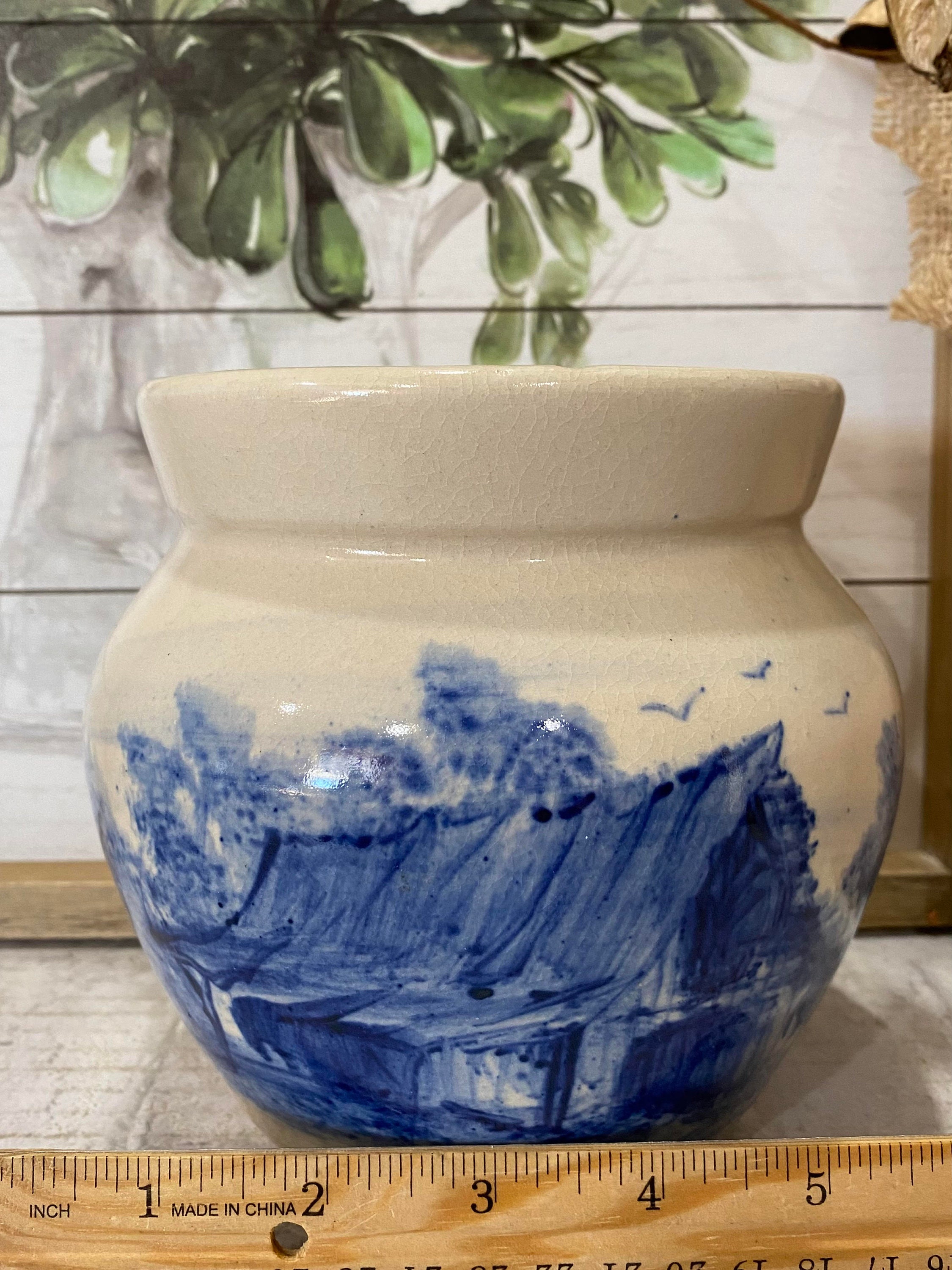 Vintage Casey Pottery Hand Turned Crock and Lid With Barn Picture ...