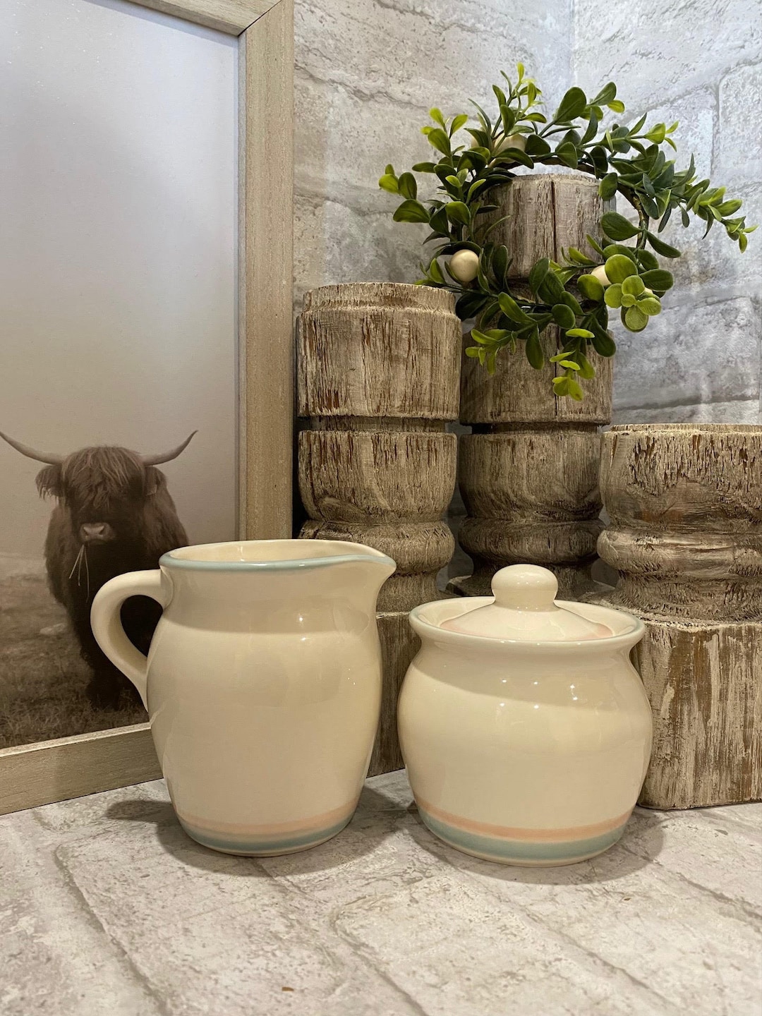 Pfaltzgraff Aura Pink & Blue Line Creamer and Sugar Set Ceramic ...