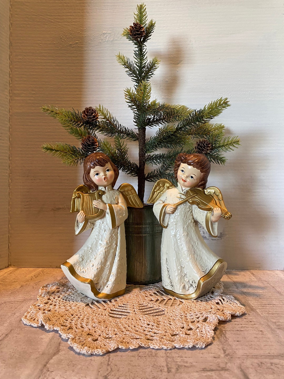Set of 2 MCM White and Gold Angels With Musical Instruments by - Etsy