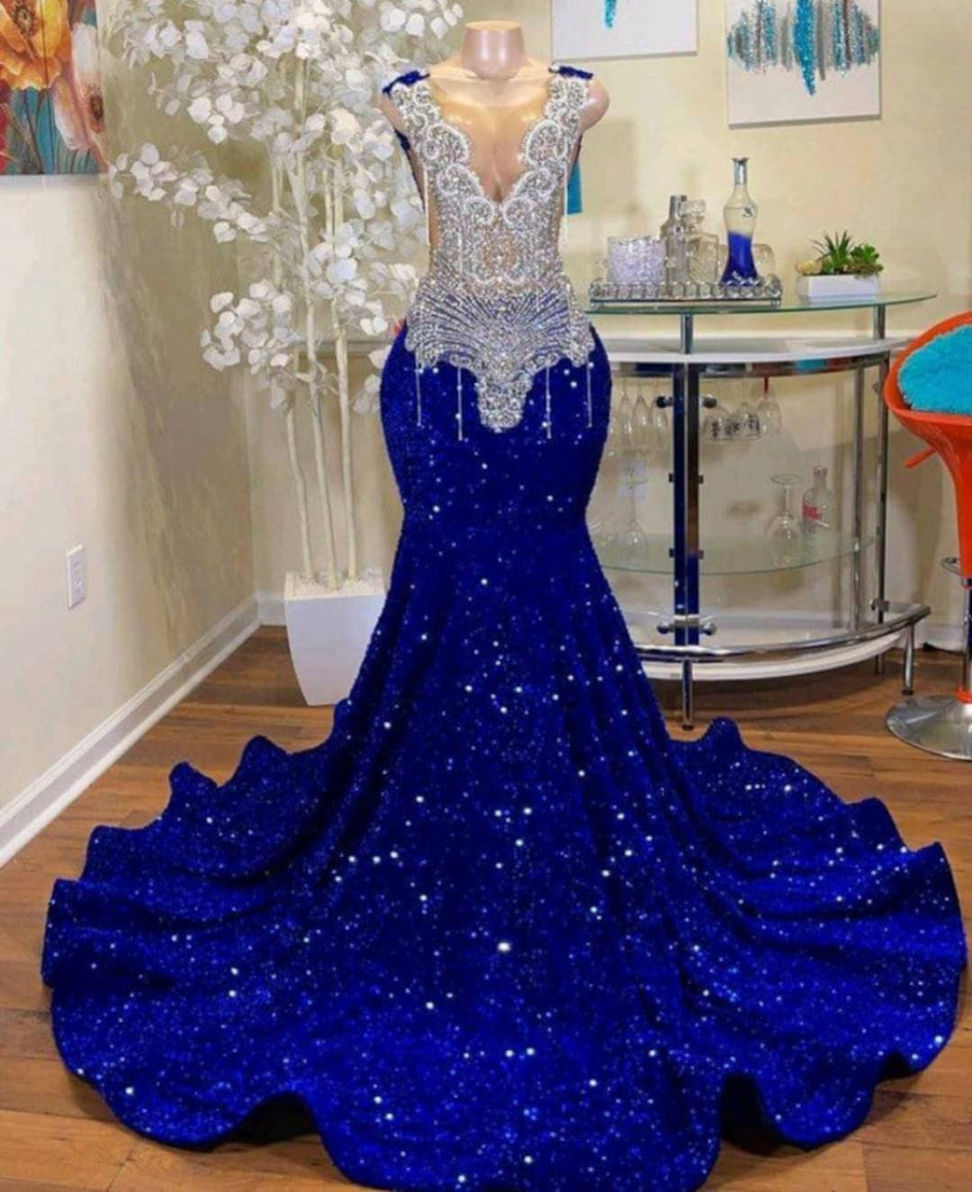 Blue Rhinestone Mermaid Velvet Sequins Dress/prom Dress/wedding ...