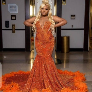 Orange Rhinestone Mermaid Velvet Sequins Dress/prom Dress/wedding ...