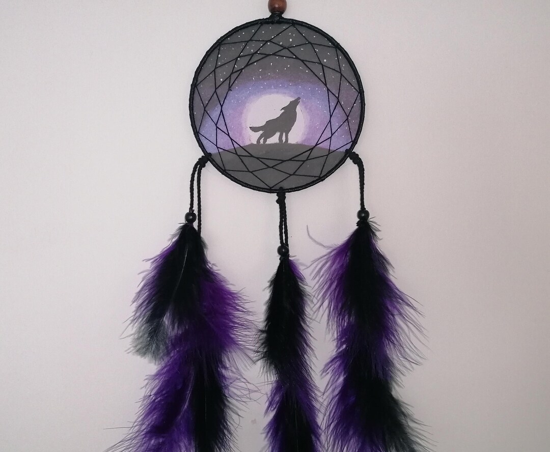 Black & Purple Howling Wolf Dreamcatcher With Fluffy Feathers. Wolf Oil ...