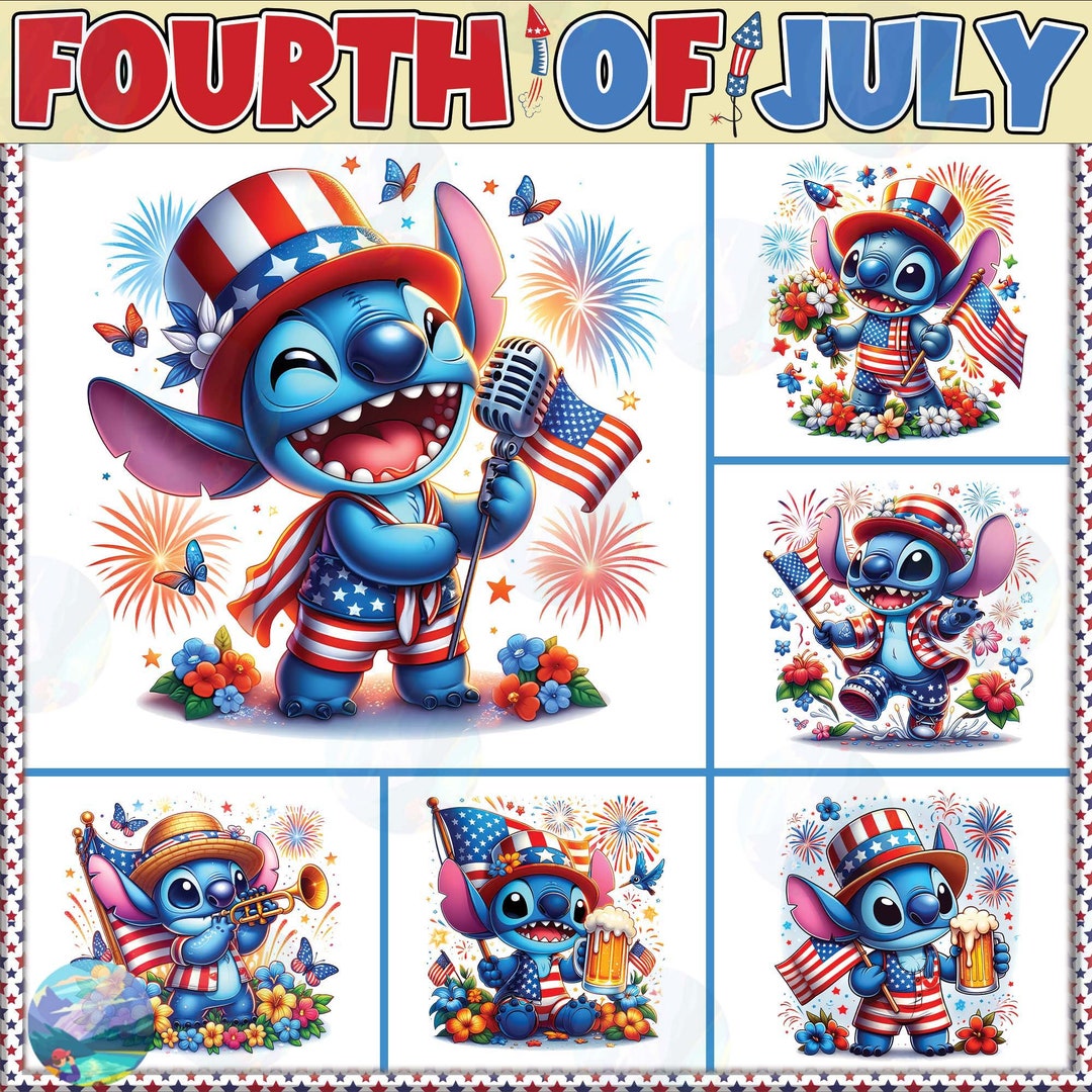6 Cartoon Fourth of July PNG Bundle, Stitch Cartoon Independence Day ...