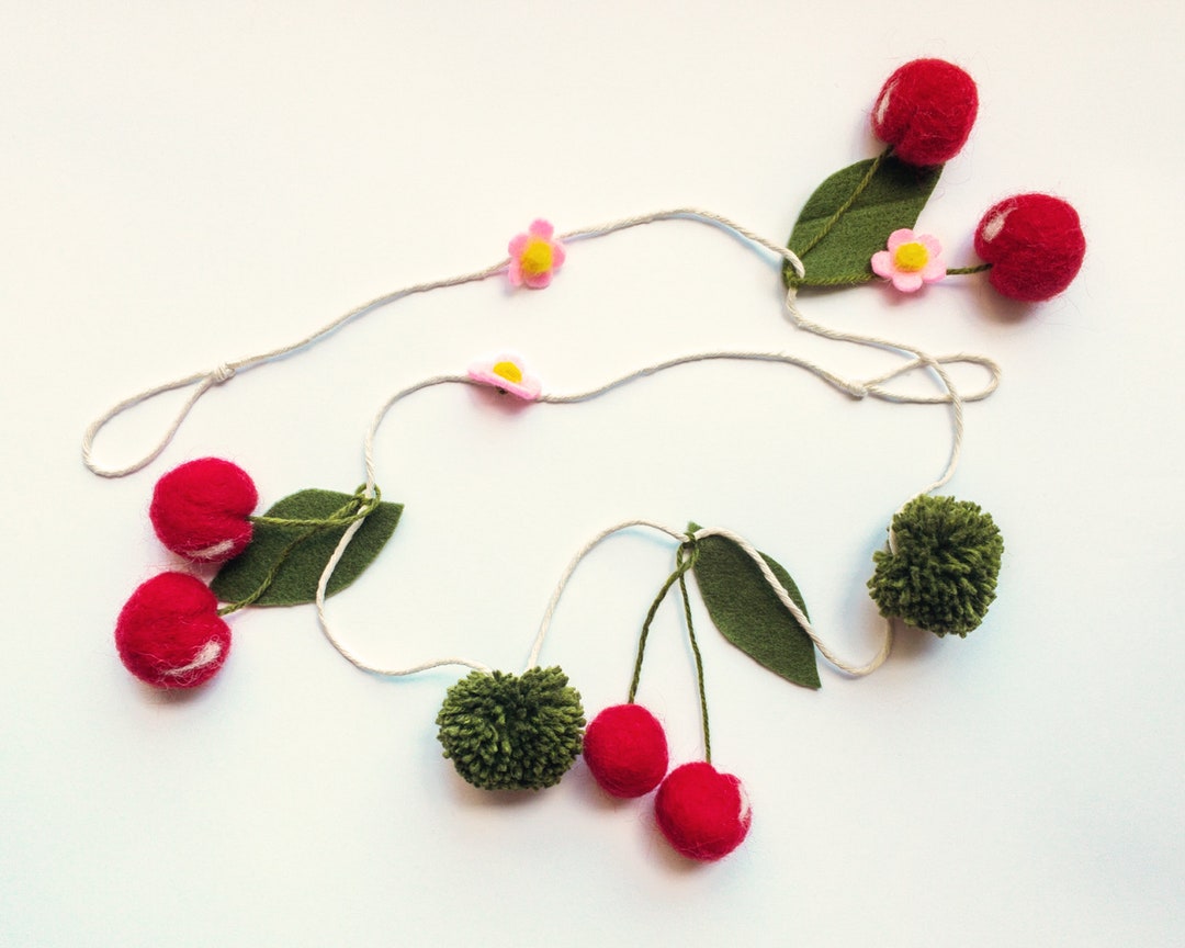 Handmade Wool Cherry Garland - Cherries and Flowers - Flower Room Decor ...