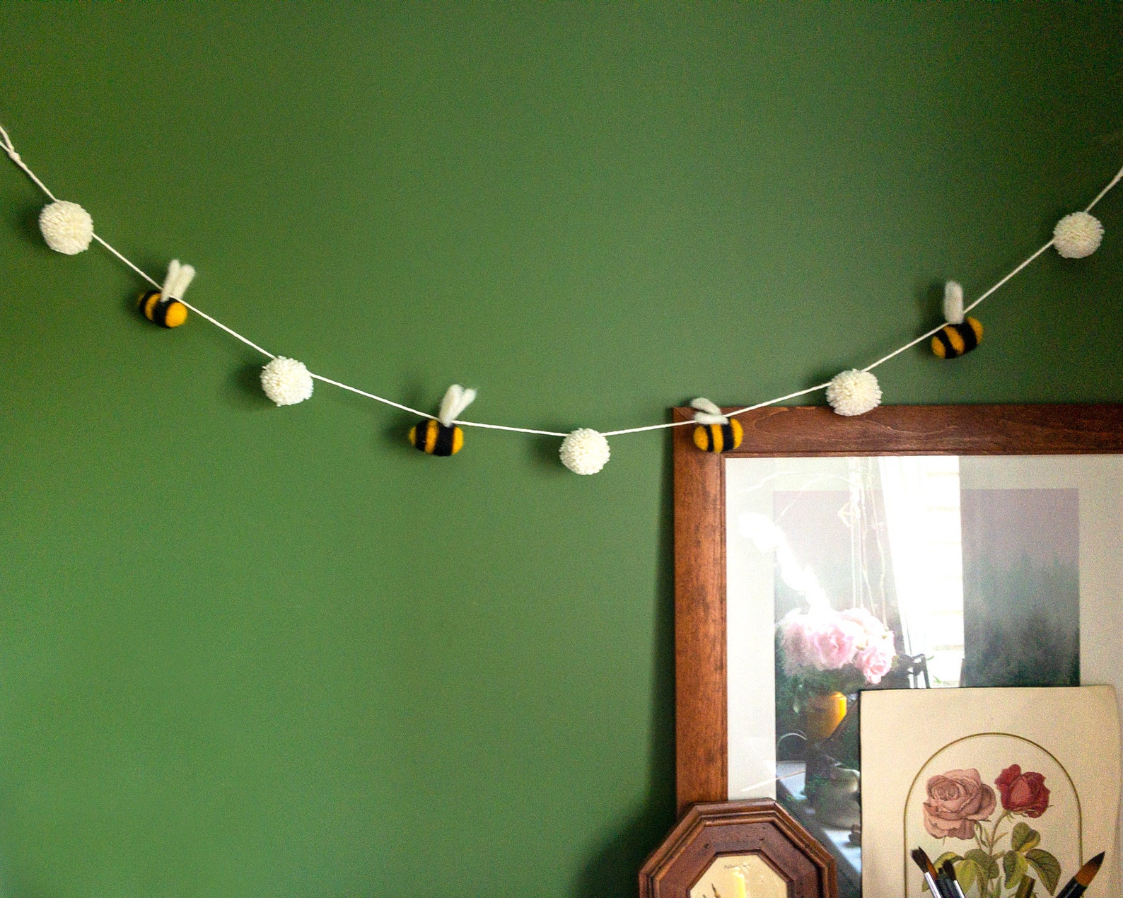 WOOL BEE GARLAND Bees and Pom Poms Handmade Item Room - Etsy