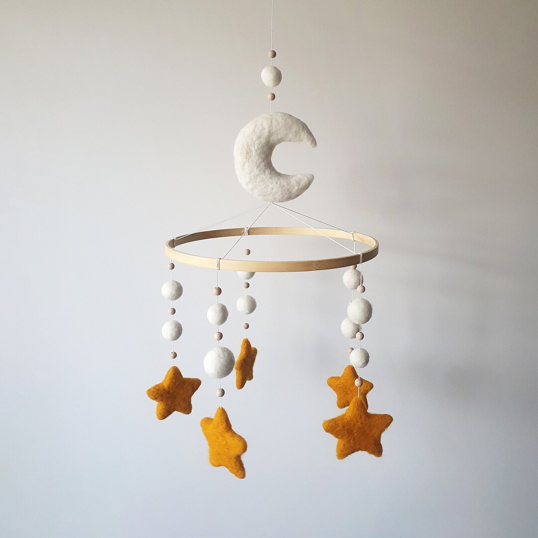 Handmade Wool Baby Mobile - Moon and Stars - Kids Room Decor - Baby Cot ...