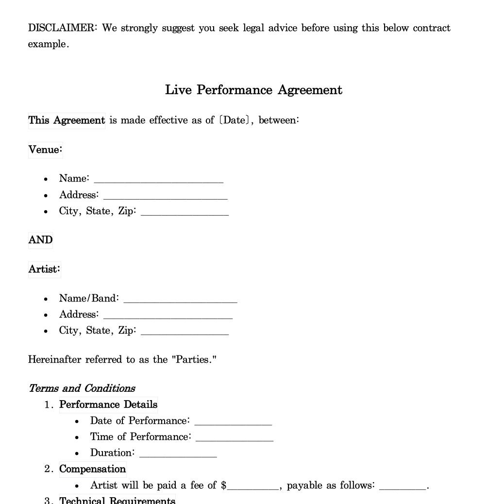 Live Performance Contract Template: Artist & Venue Agreement (PDF ...