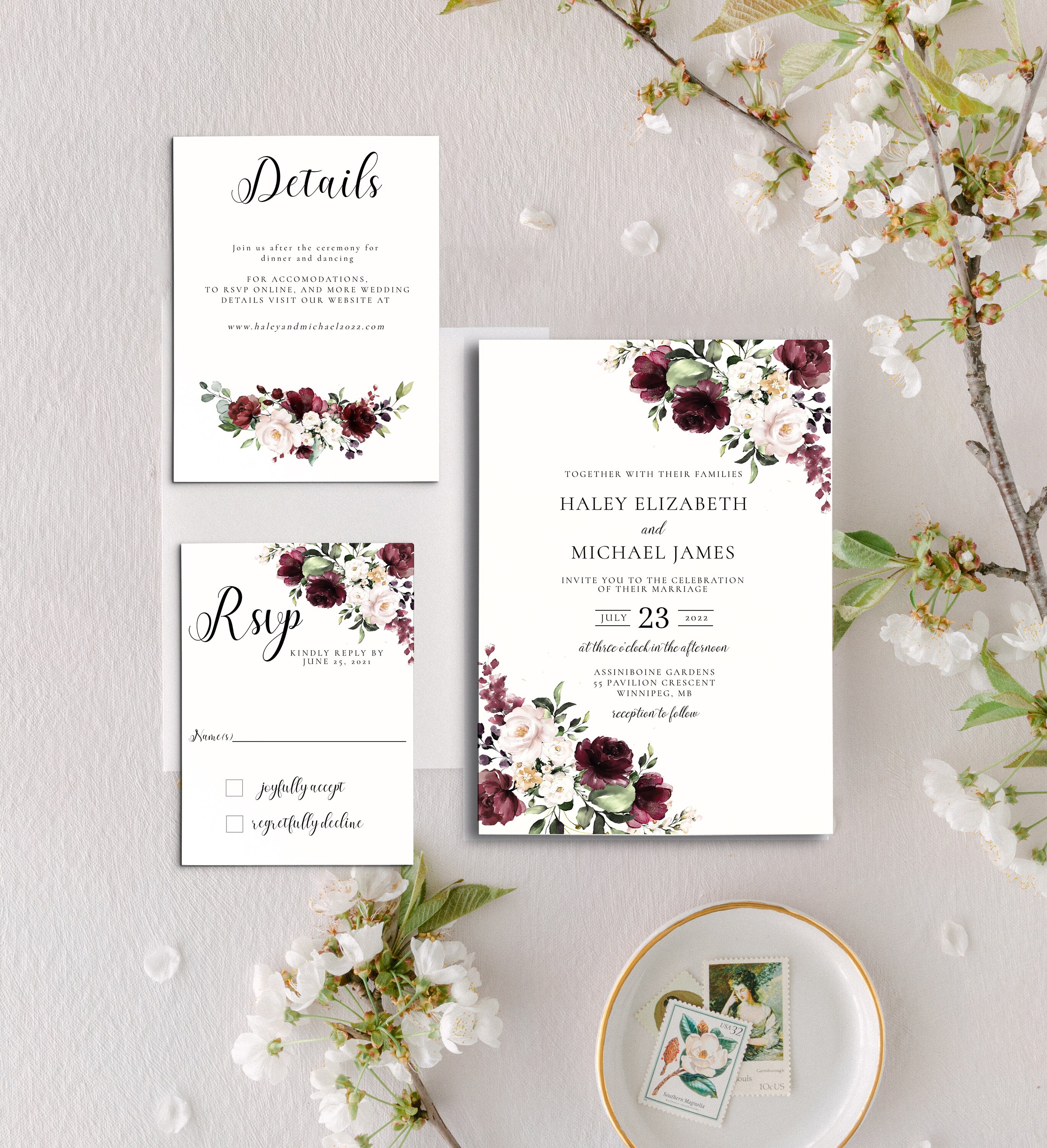 Floral Wedding Invitation Suite Template Download Burgundy Wedding ...