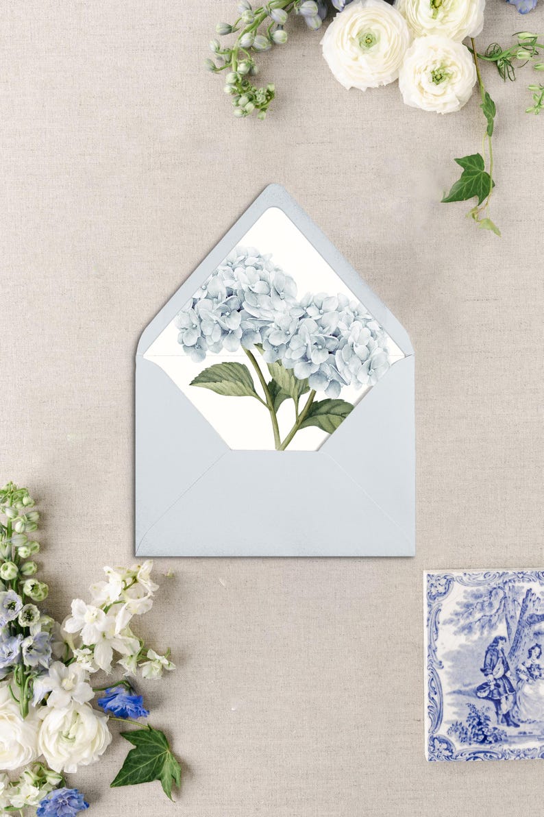 Hydrangea Floral Wedding Invitation Envelope Liners Blue Floral Wedding ...