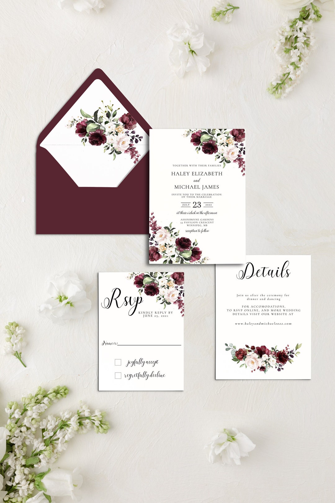 Floral Wedding Invitation Suite Template Download Burgundy Wedding ...